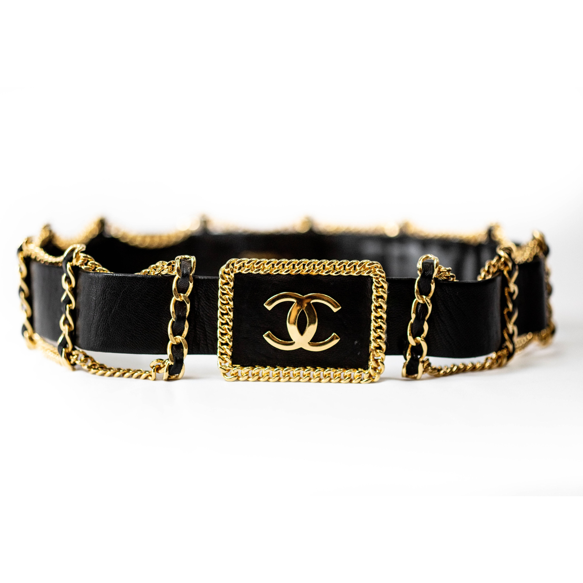 Chanel Vintage Logo Leather and Chain Belt